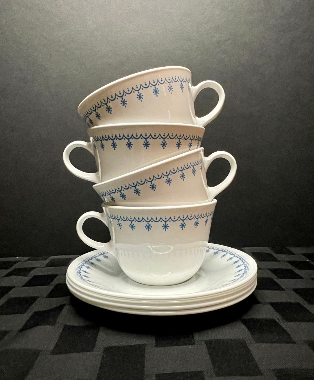 Vintage Corelle Snowflake Pattern C Handle Tea Cups With Saucers, Set ...
