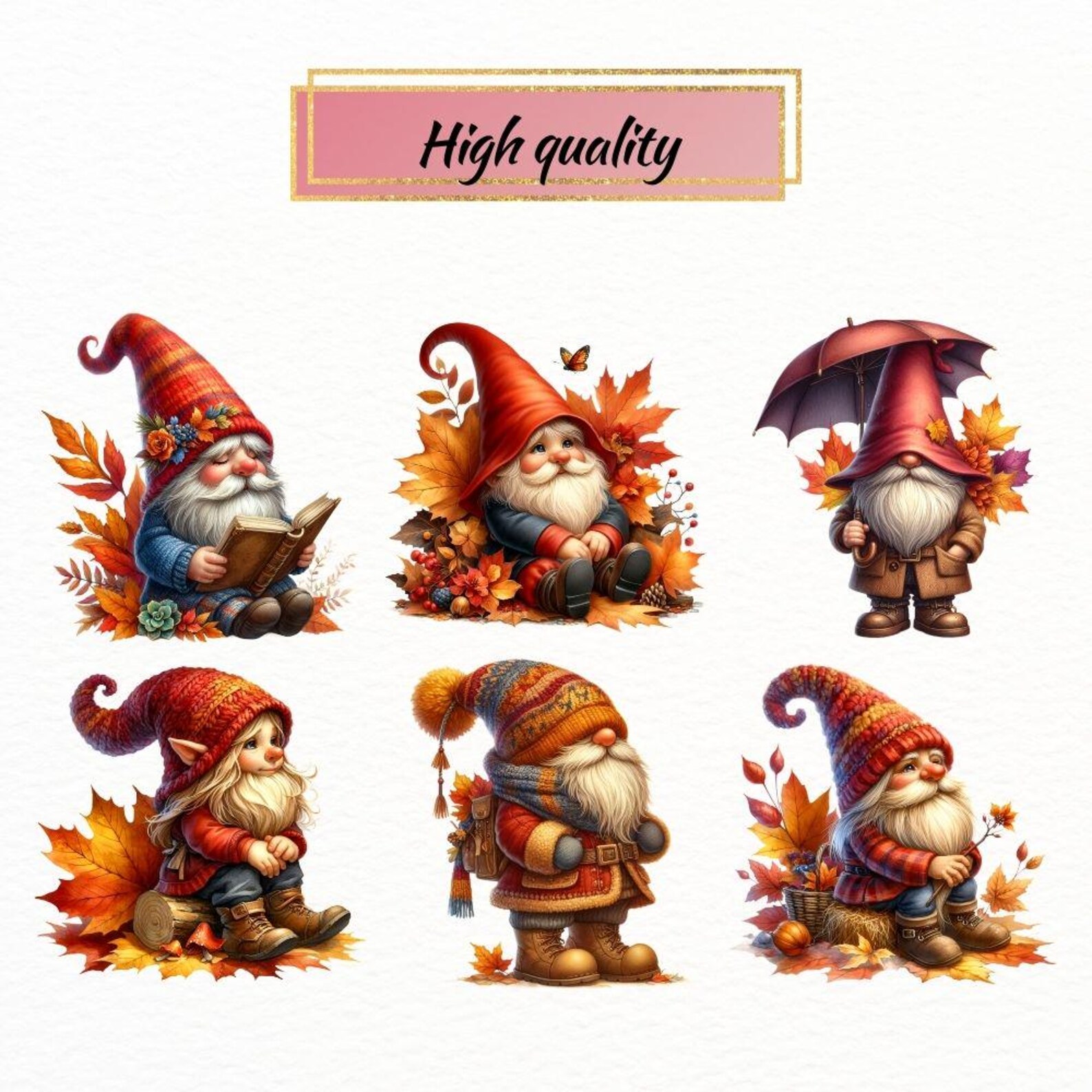 Watercolor Autumn Gnome Clipart: Fall Thanksgiving PNG Bundle (digital ...