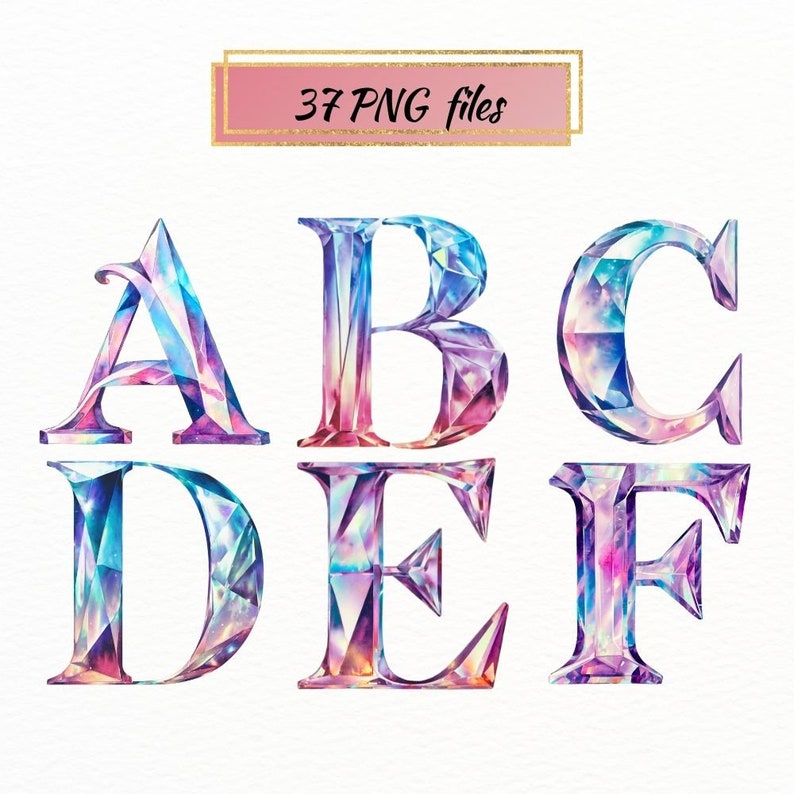 Crystal Watercolor Alphabet PNG: Iridescent Font Clipart (37 Files) - Etsy