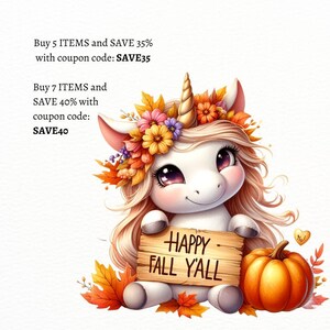 Watercolor Fall Unicorn Clipart Bundle, Cute Autumn Unicorn PNG ...