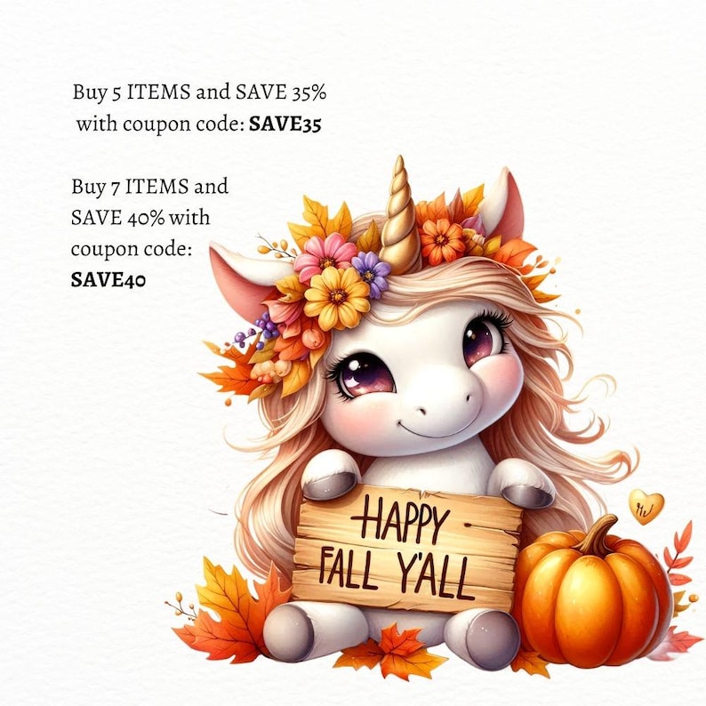Watercolor Fall Unicorn Clipart, Kawaii Thanksgiving PNG (digital ...