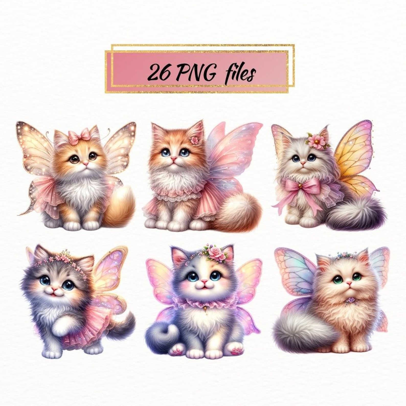 Watercolor Fairy Cat Clipart Bundle, Cute Kitty Fantasy Fairies PNG ...