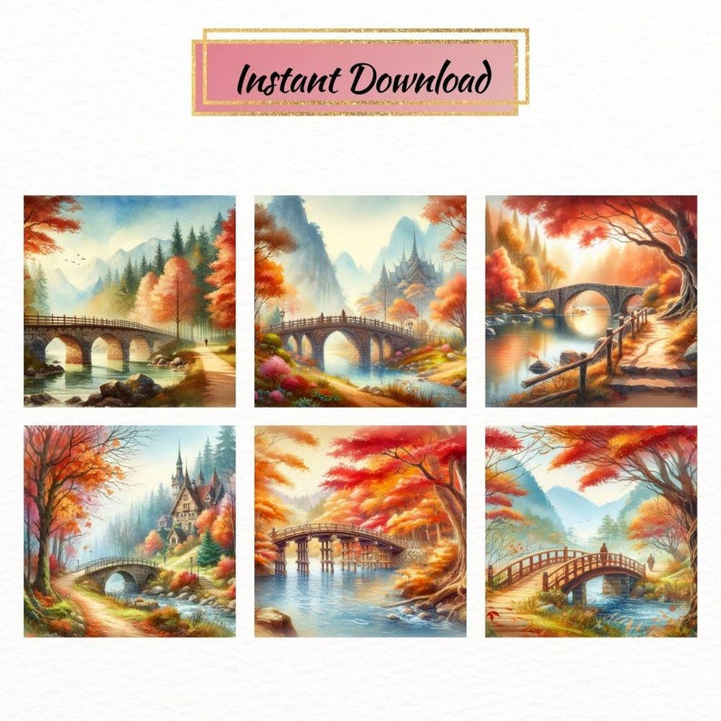 Autumn Bridge Landscape | Printable Digital Paper | Commercial Use ...