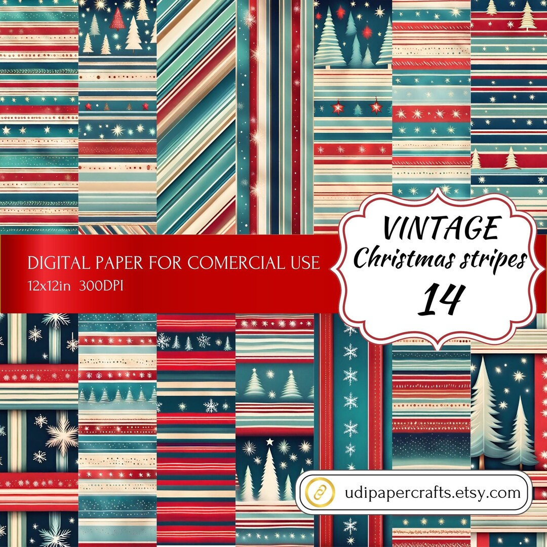 Retro Christmas Digital Paper: Vintage Stripes in Blue and Red for DIY ...