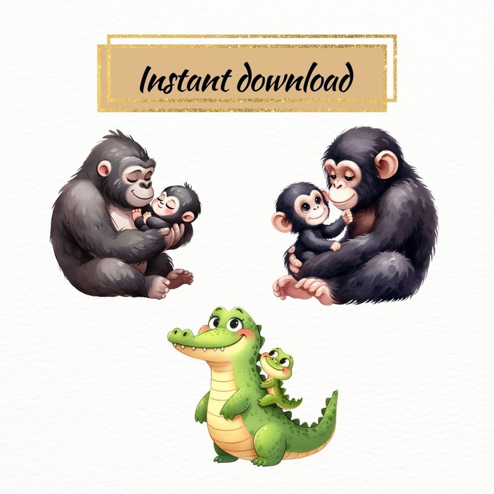 Watercolor Nursery Safari Mom and Baby Animals Clipart, African Animals ...