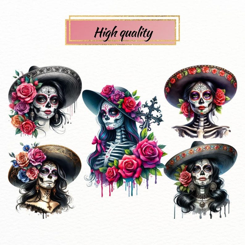 La Catrina Clipart: Sugar Skull PNG Bundle, Dia De Los Muertos (digital ...