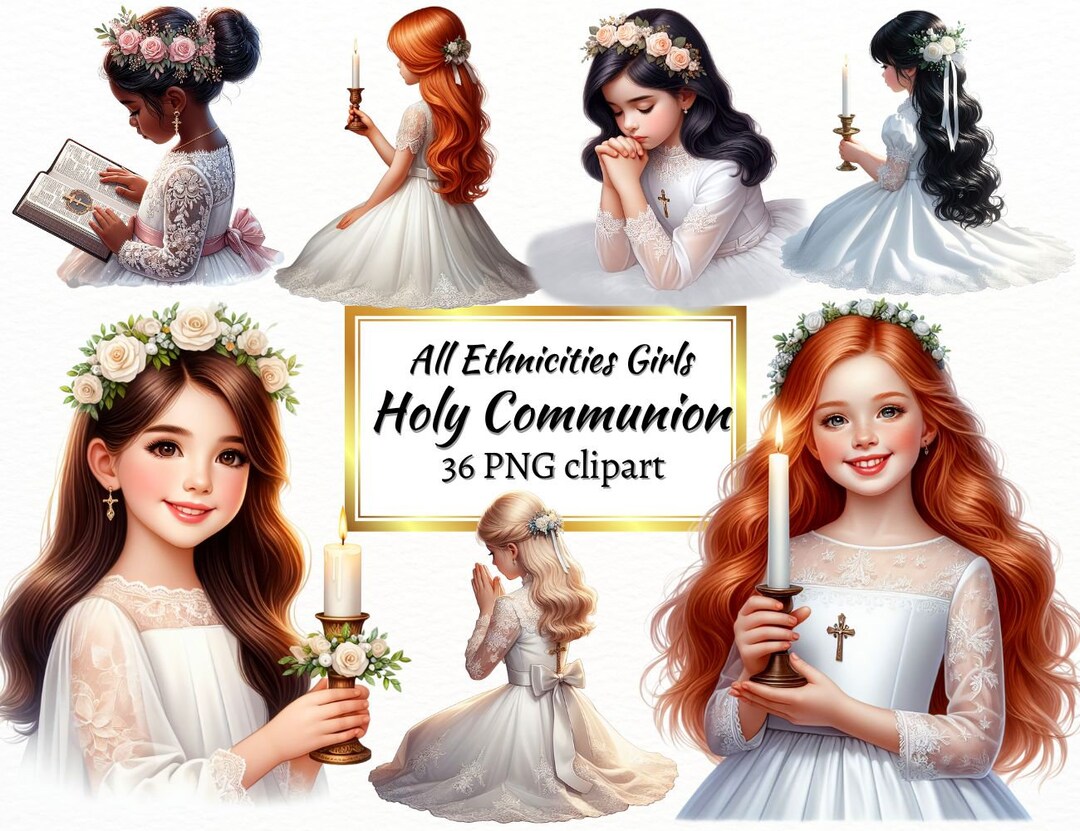 First Holy Communion All Ethnicities Girls Clipart, Sacred Christianity ...