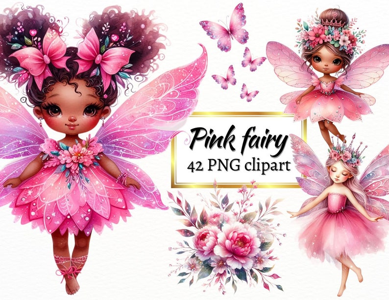 Watercolor Pink Fairy Clipart, Butterfly Fairy Png Clipart Bundle ...