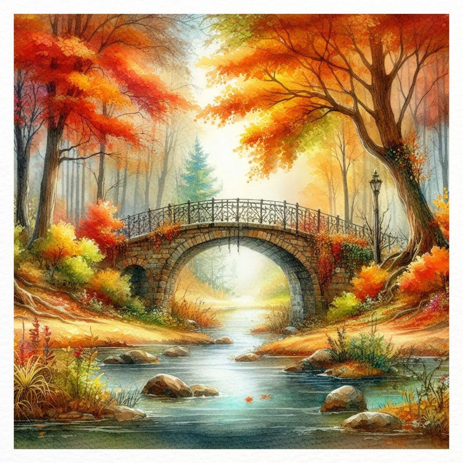 Autumn Bridge Landscape | Printable Digital Paper | Commercial Use ...