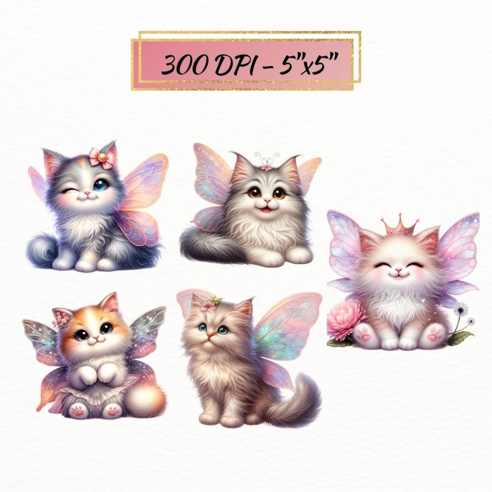 Watercolor Fairy Cat Clipart Bundle, Cute Kitty Fantasy Fairies PNG ...