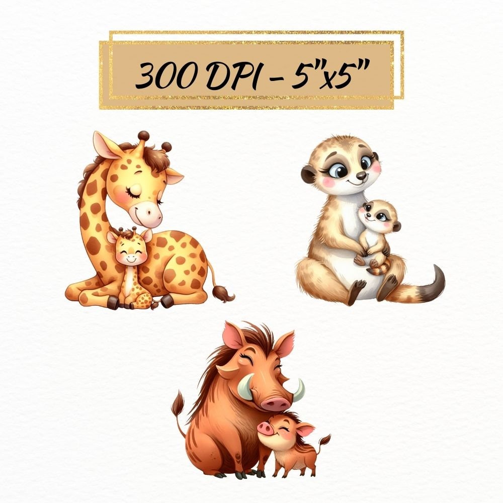 Watercolor Nursery Safari Mom and Baby Animals Clipart, African Animals ...