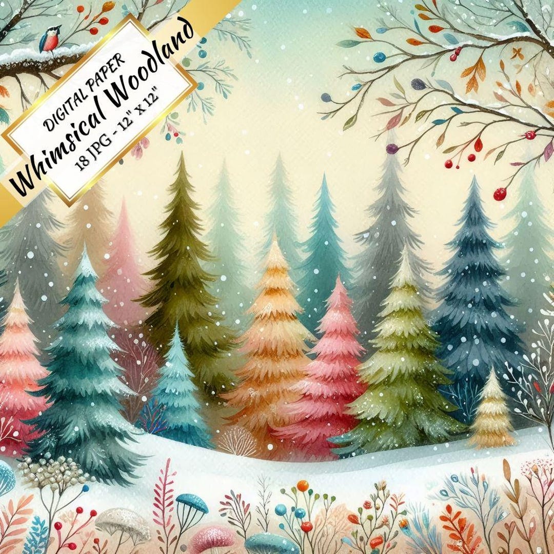 Watercolor Winter Woodland Digital Paper: Pine Tree Forest (digital ...