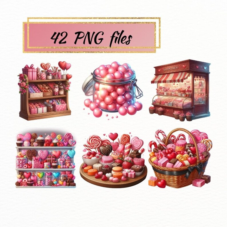 Watercolor Cute Valentines Candy Shop Clipart, 42 PNG Valentines ...