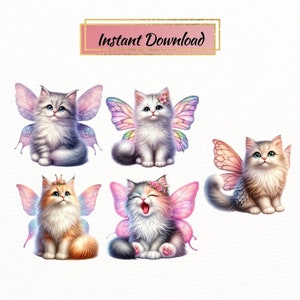 Watercolor Fairy Cat Clipart Bundle, Cute Kitty Fantasy Fairies PNG ...