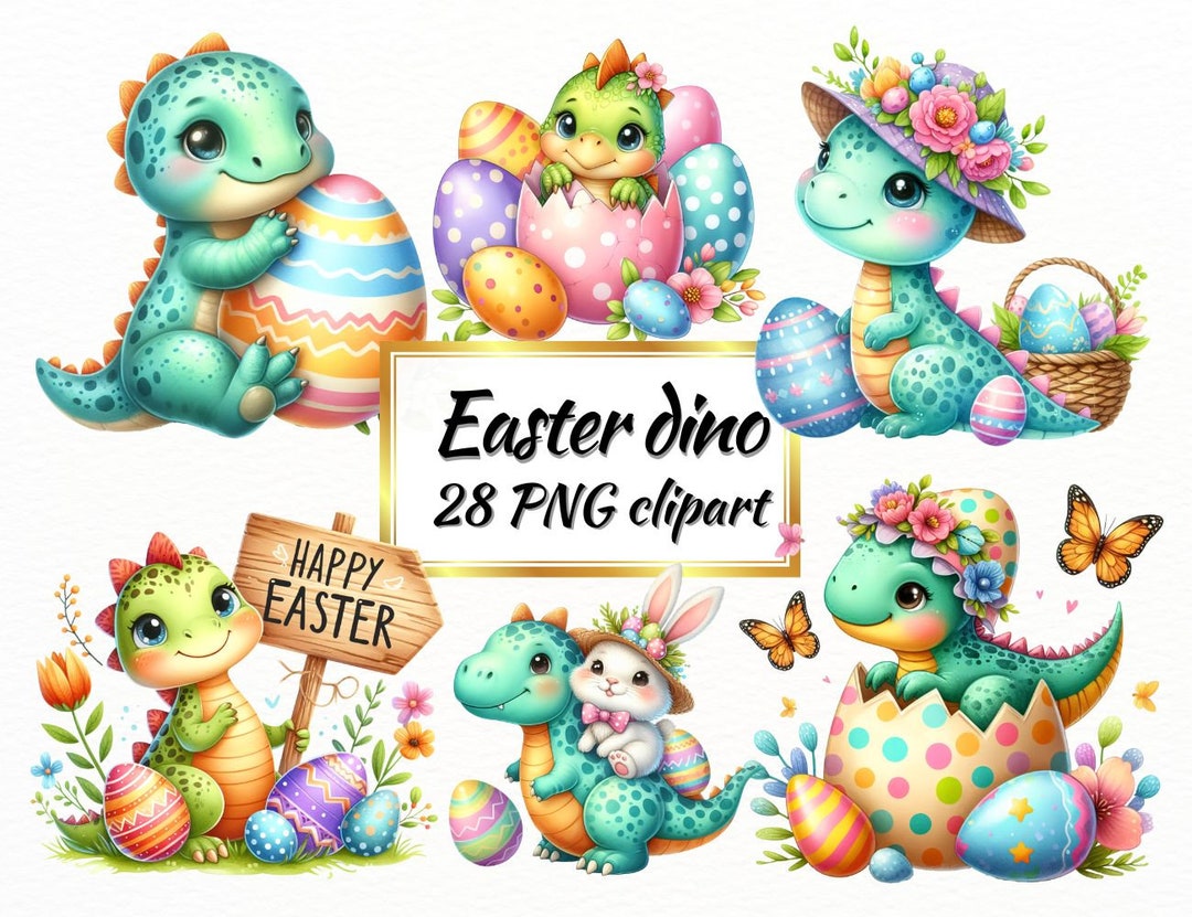 Watercolor Easter Dino Clipart, 28 PNG Easter Baby Dinosaur for Instant ...