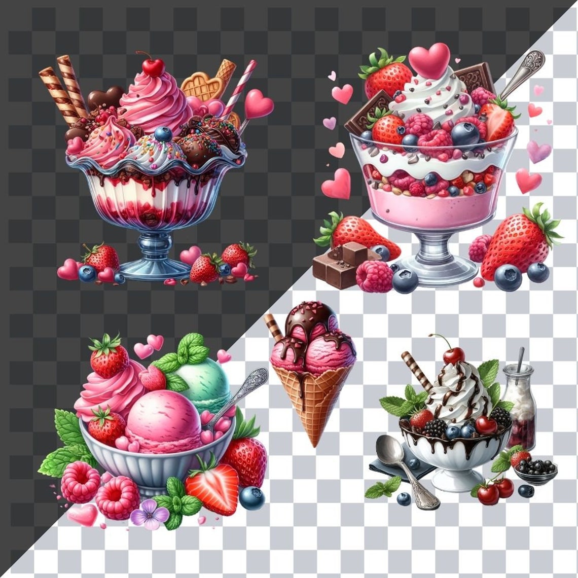 Watercolor Valentines Day Ice Cream Clipart, 25 PNG Ice Cream for ...