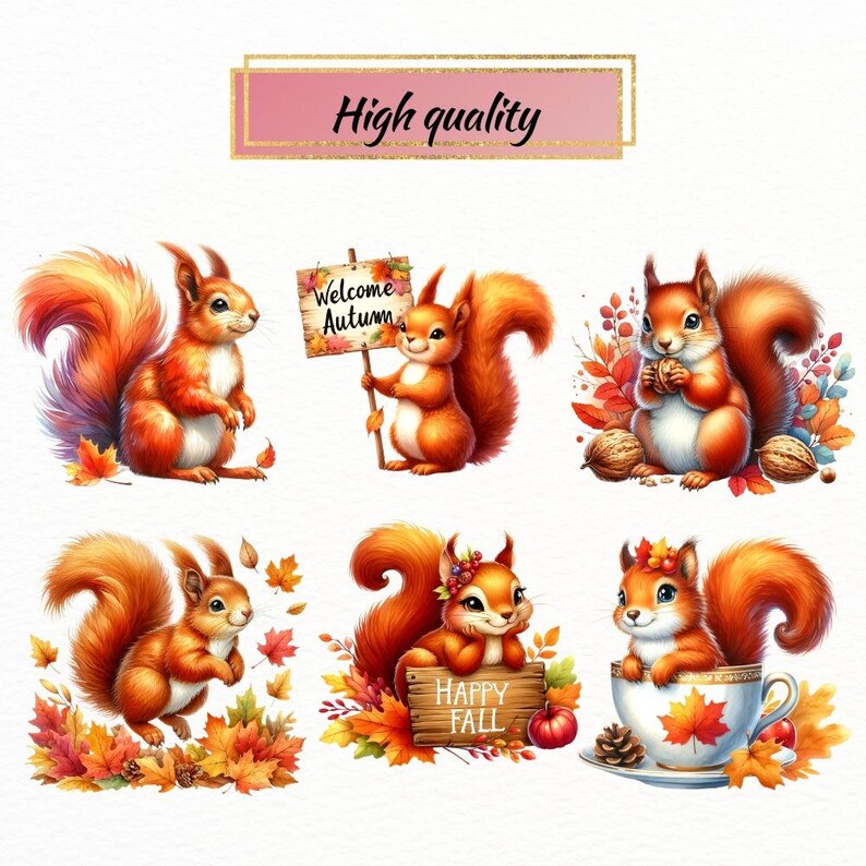 Watercolor Fall Squirrel Clipart Bundle, Cute Autumn Chipmunk PNG ...