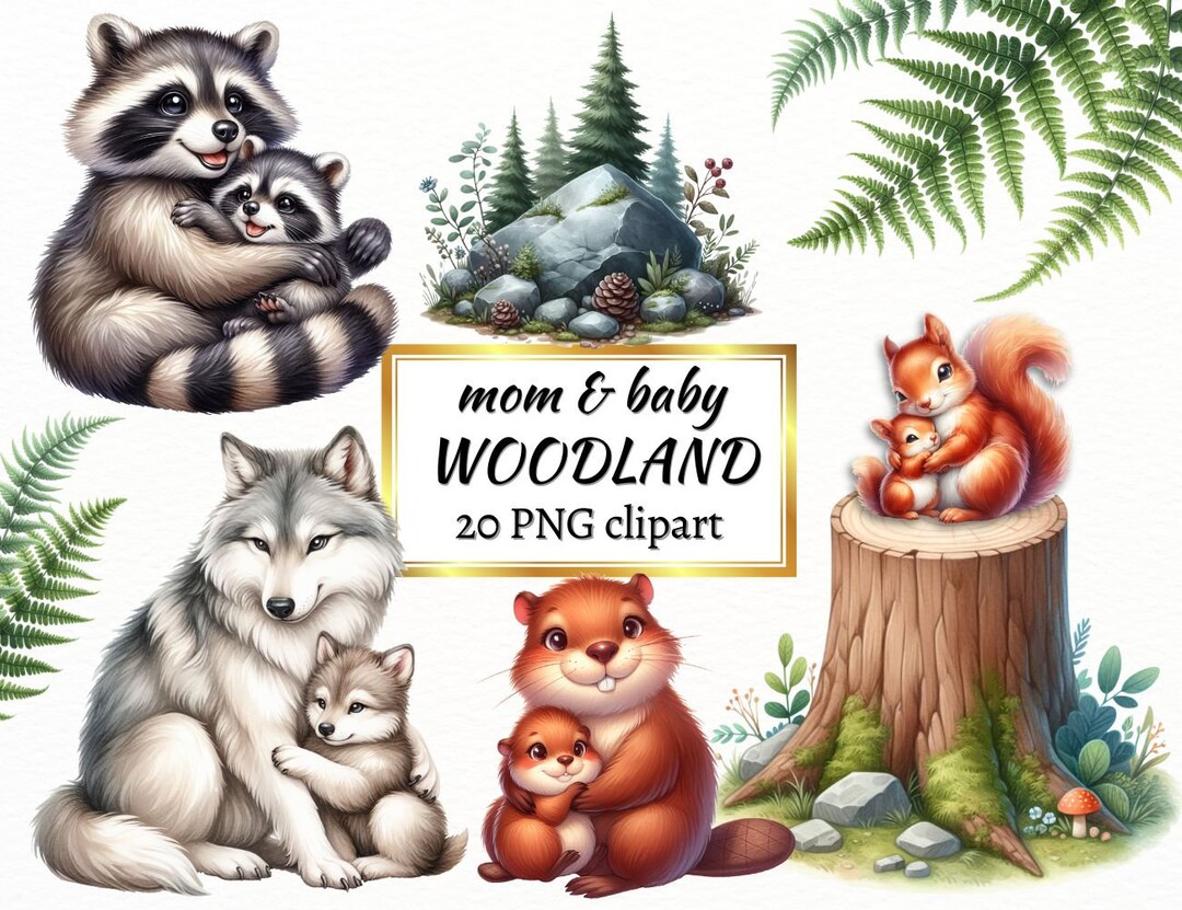 Watercolor Woodland Mom and Baby Animals Clipart, Happy Mothers Day PNG ...