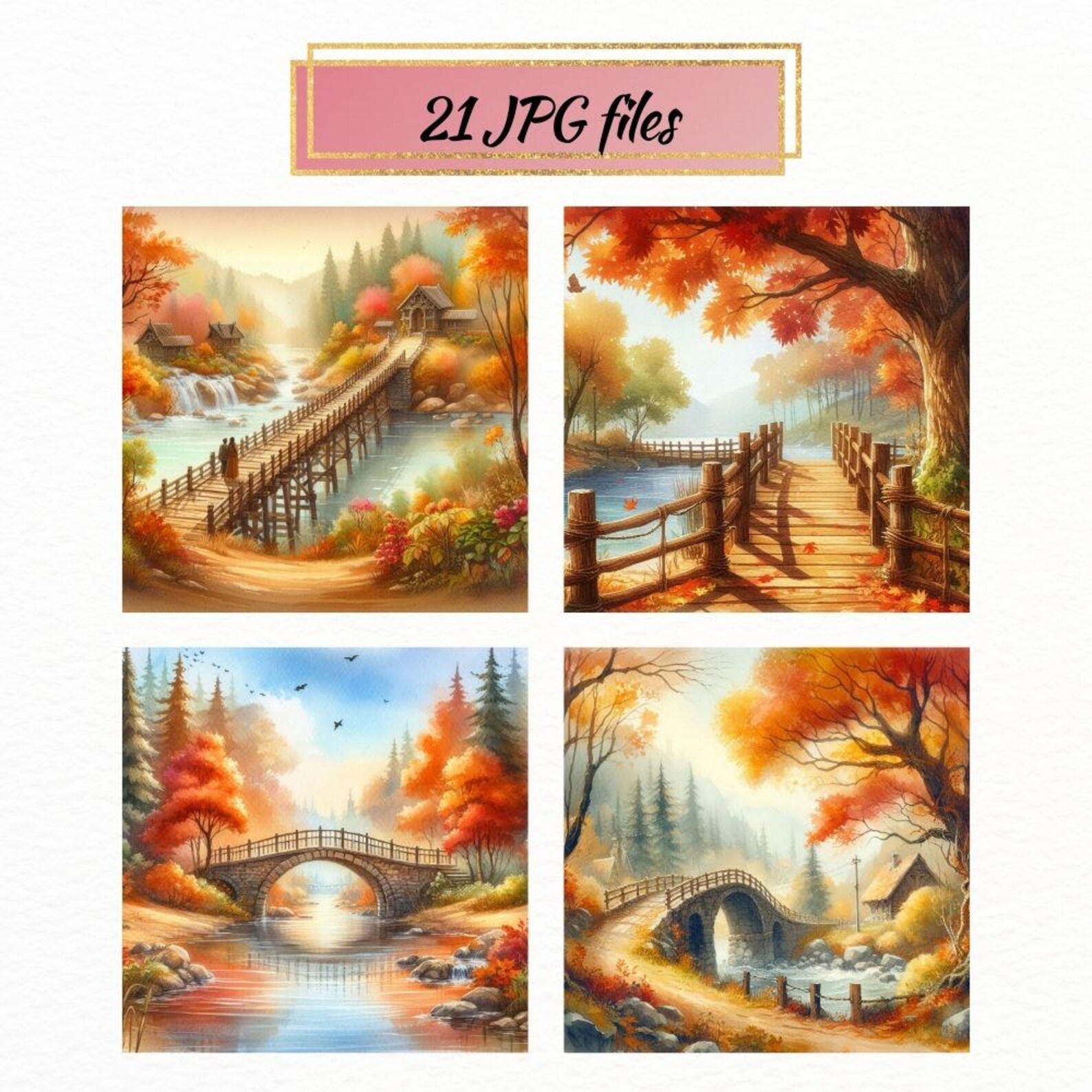 Autumn Bridge Landscape | Printable Digital Paper | Commercial Use ...