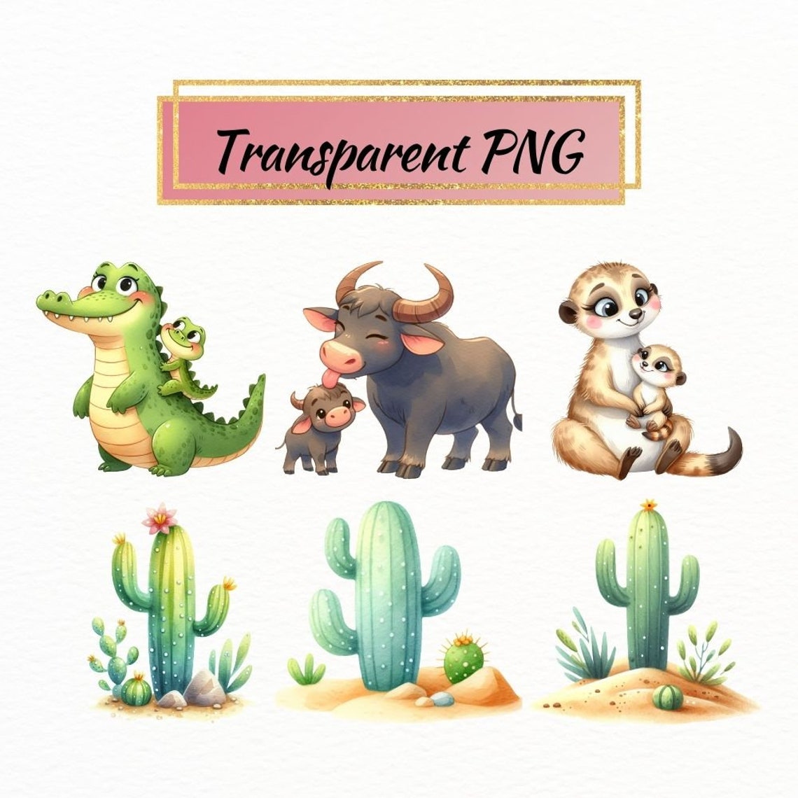 Watercolor Safari Animals Clipart: Mom and Baby PNG (commercial Use ...