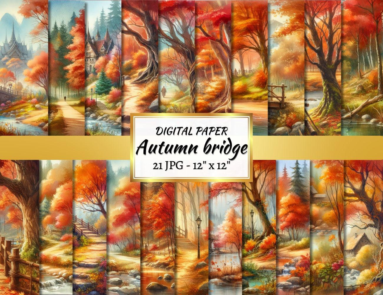 Autumn Bridge Landscape | Printable Digital Paper | Commercial Use ...