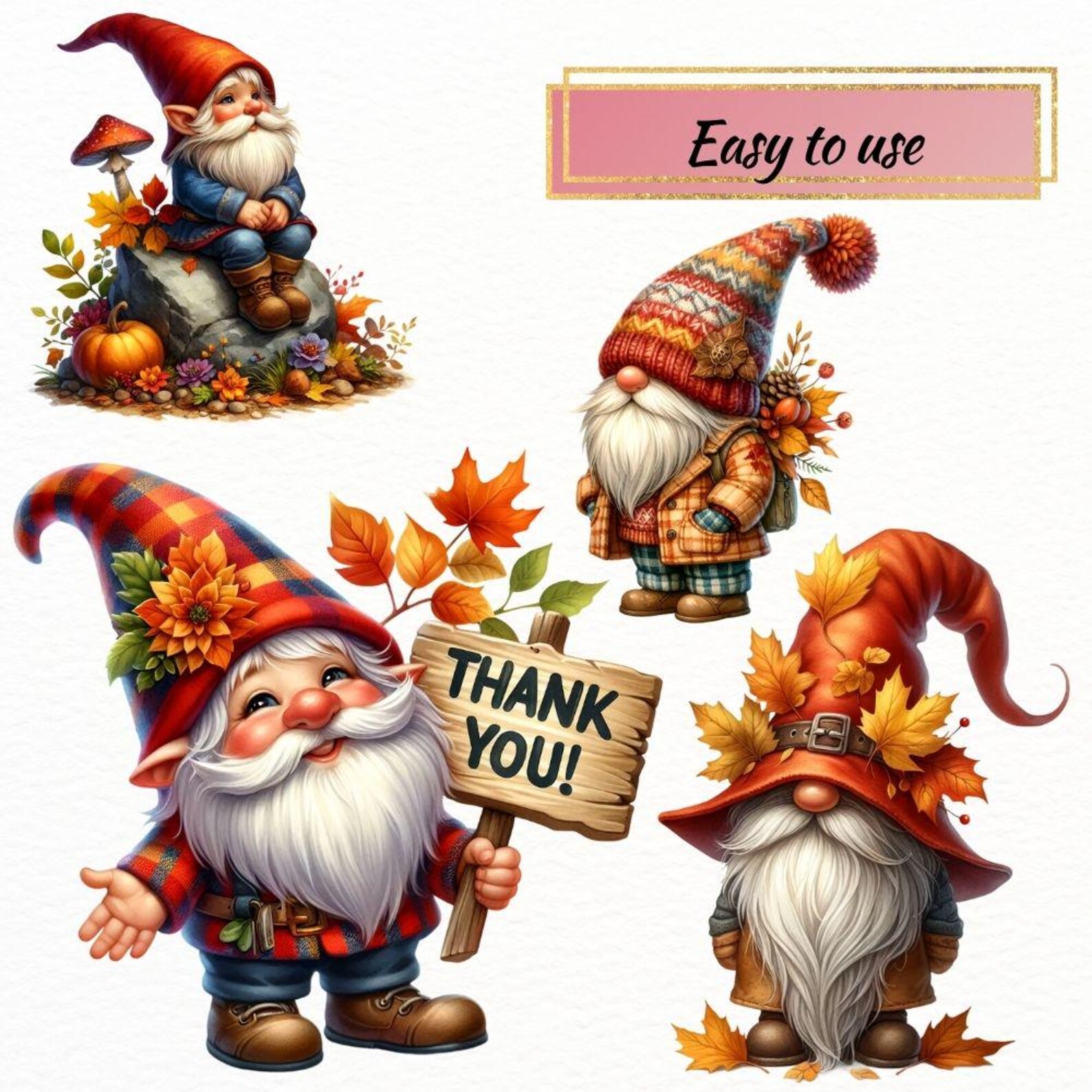 Watercolor Autumn Gnome Clipart: Fall Thanksgiving PNG Bundle (digital ...