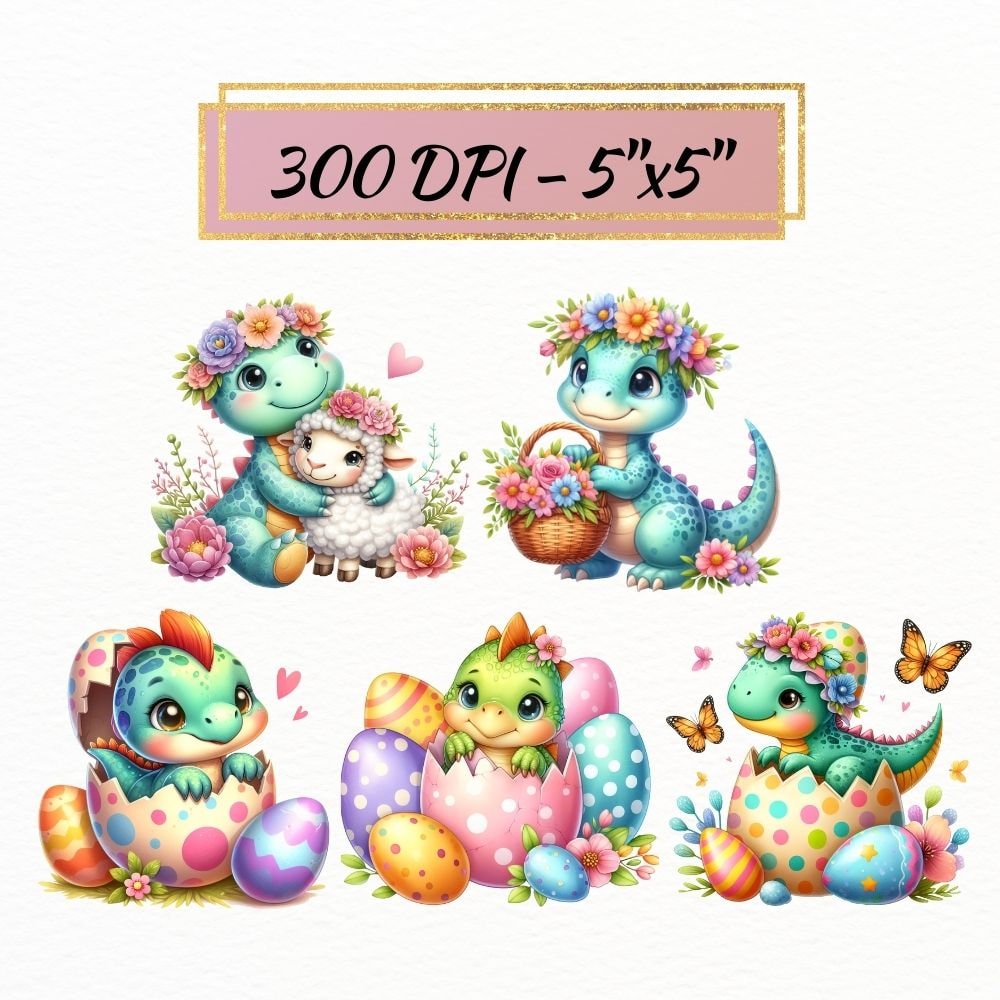 Watercolor Easter Dino Clipart: 28 PNG Baby Dinosaur Graphics (digital ...