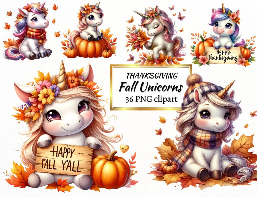 Watercolor Fall Unicorn Clipart Bundle, Cute Autumn Unicorn PNG ...