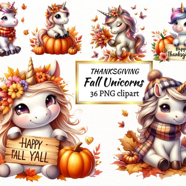 Watercolor Fall Unicorn Clipart Bundle, Cute Autumn Unicorn PNG ...