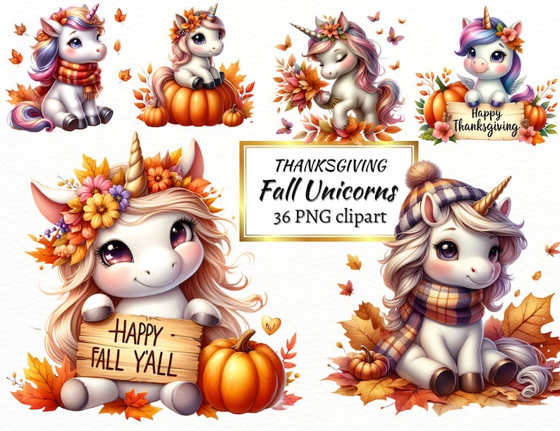 Watercolor Fall Unicorn Clipart Bundle, Cute Autumn Unicorn PNG ...