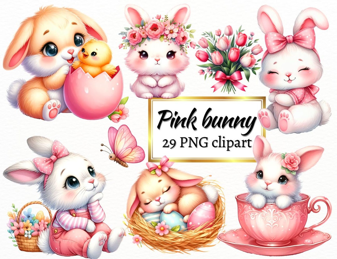 Watercolor Easter Bunny Clipart Bundle, Cute Pastel Pink Nursery Spring ...