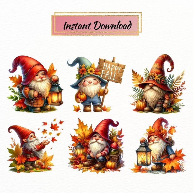 Watercolor Autumn Gnome Clipart: Fall Thanksgiving PNG Bundle (digital ...