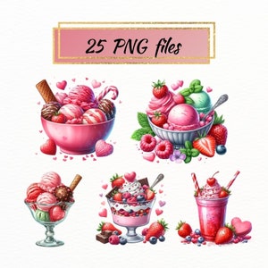 Watercolor Valentines Day Ice Cream Clipart, 25 PNG Ice Cream for ...