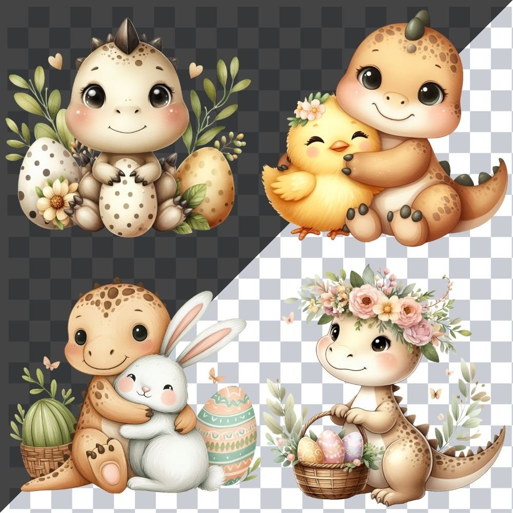 Watercolor Easter Dino Clipart, 28 PNG Easter Baby Dinosaur for Instant ...