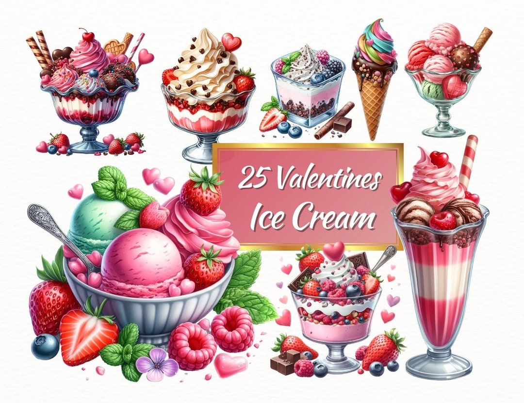 Watercolor Valentines Day Ice Cream Clipart, 25 PNG Ice Cream for ...
