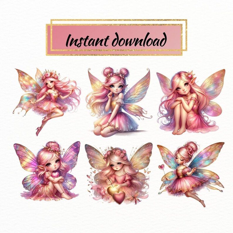 Watercolor Pink Fairy Clipart: Valentine's Day PNG Bundle (digital ...