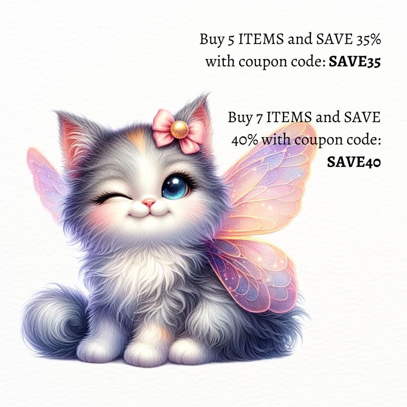 Watercolor Fairy Cat Clipart Bundle, Cute Kitty Fantasy Fairies PNG ...