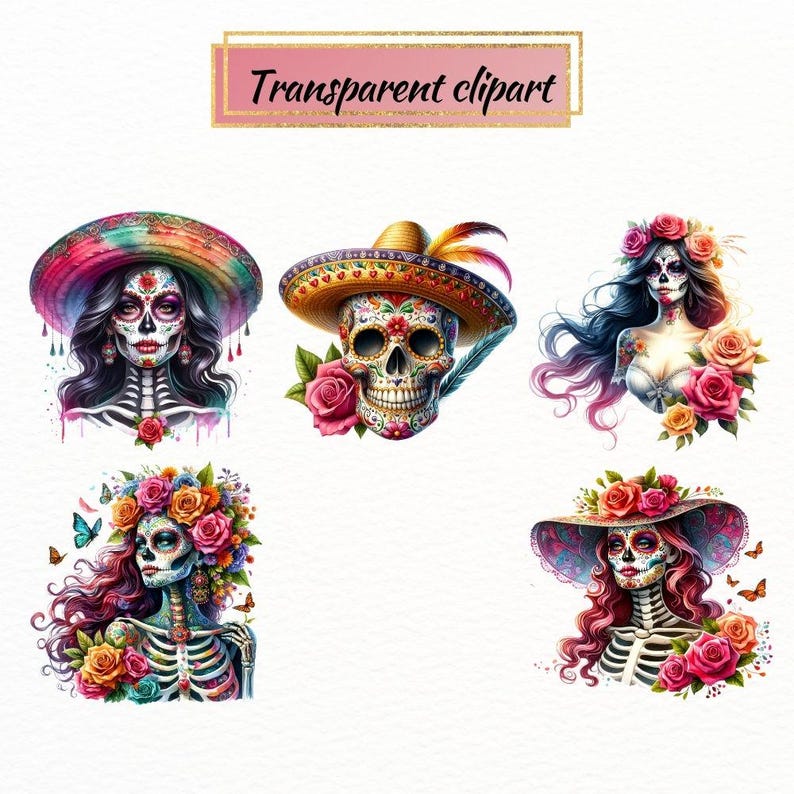 La Catrina Clipart: Sugar Skull PNG Bundle, Dia De Los Muertos (digital ...