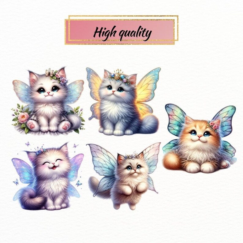 Watercolor Fairy Cat Clipart Bundle, Cute Kitty Fantasy Fairies PNG ...