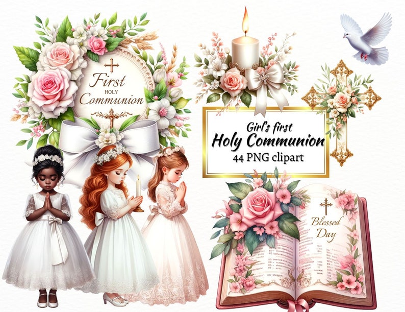 Girl First Holy Communion Clipart: Sacred Symbols PNG (commercial Use ...