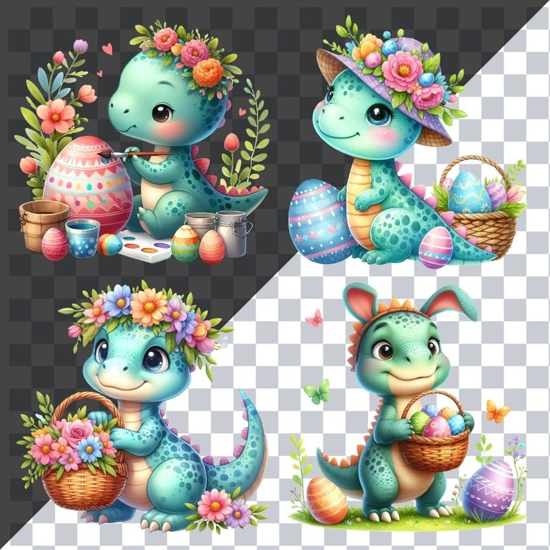 Watercolor Easter Dino Clipart, 28 PNG Easter Baby Dinosaur for Instant ...