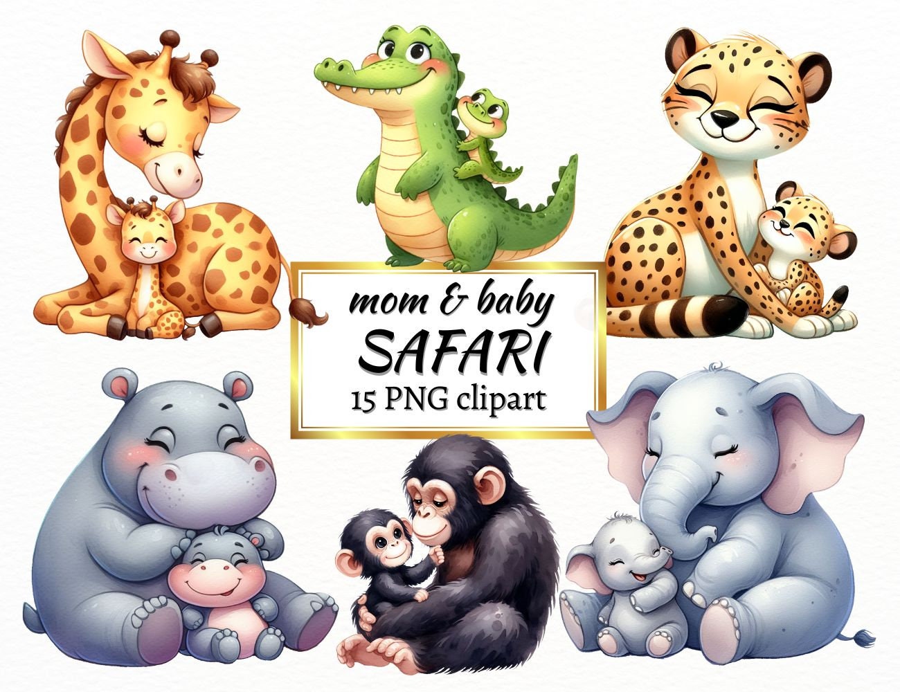 Watercolor Nursery Safari Mom and Baby Animals Clipart, African Animals ...
