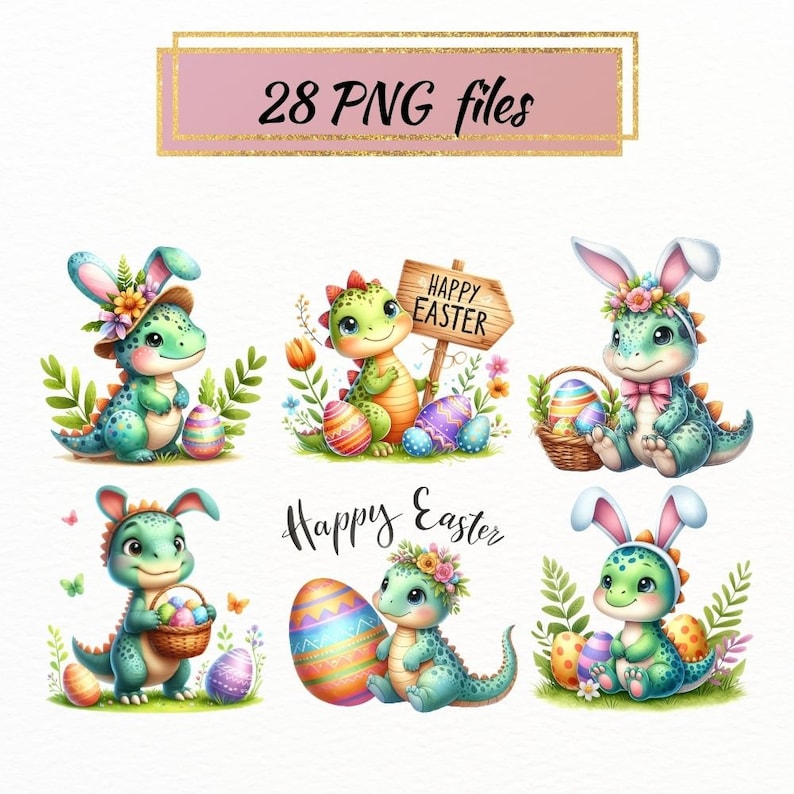 Watercolor Easter Dino Clipart, 28 PNG Easter Baby Dinosaur for Instant ...