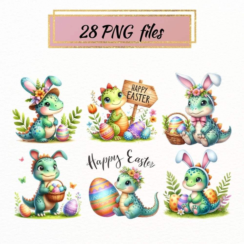 Watercolor Easter Dino Clipart: 28 PNG Baby Dinosaur Graphics (digital ...