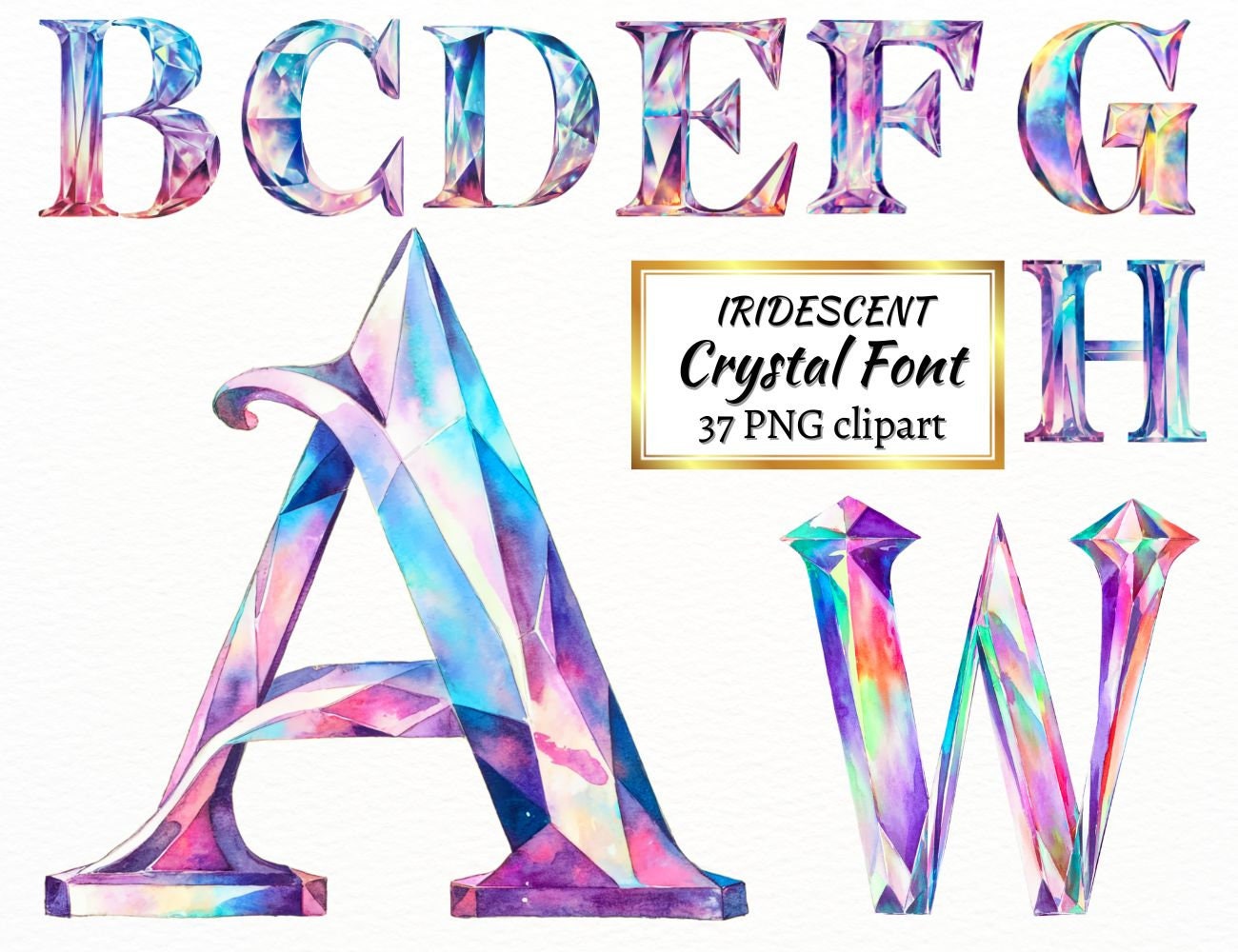 Crystal Watercolor Alphabet PNG, 37 Iridescent Font Clipart, Milestone ...
