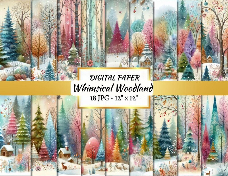 Watercolor Winter Woodland Digital Paper: Pine Tree Forest (digital ...