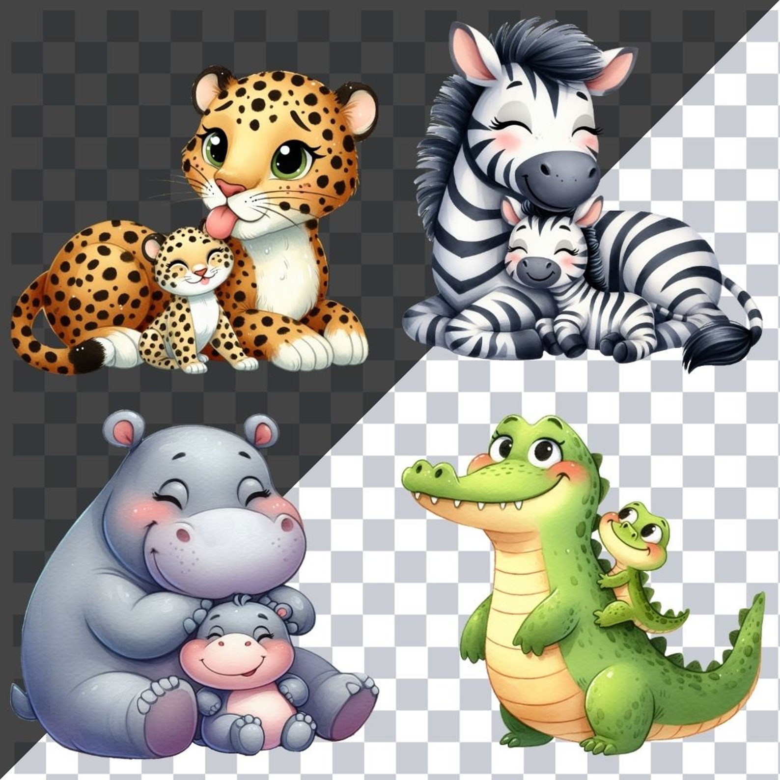 Watercolor Nursery Safari Mom and Baby Animals Clipart, African Animals ...