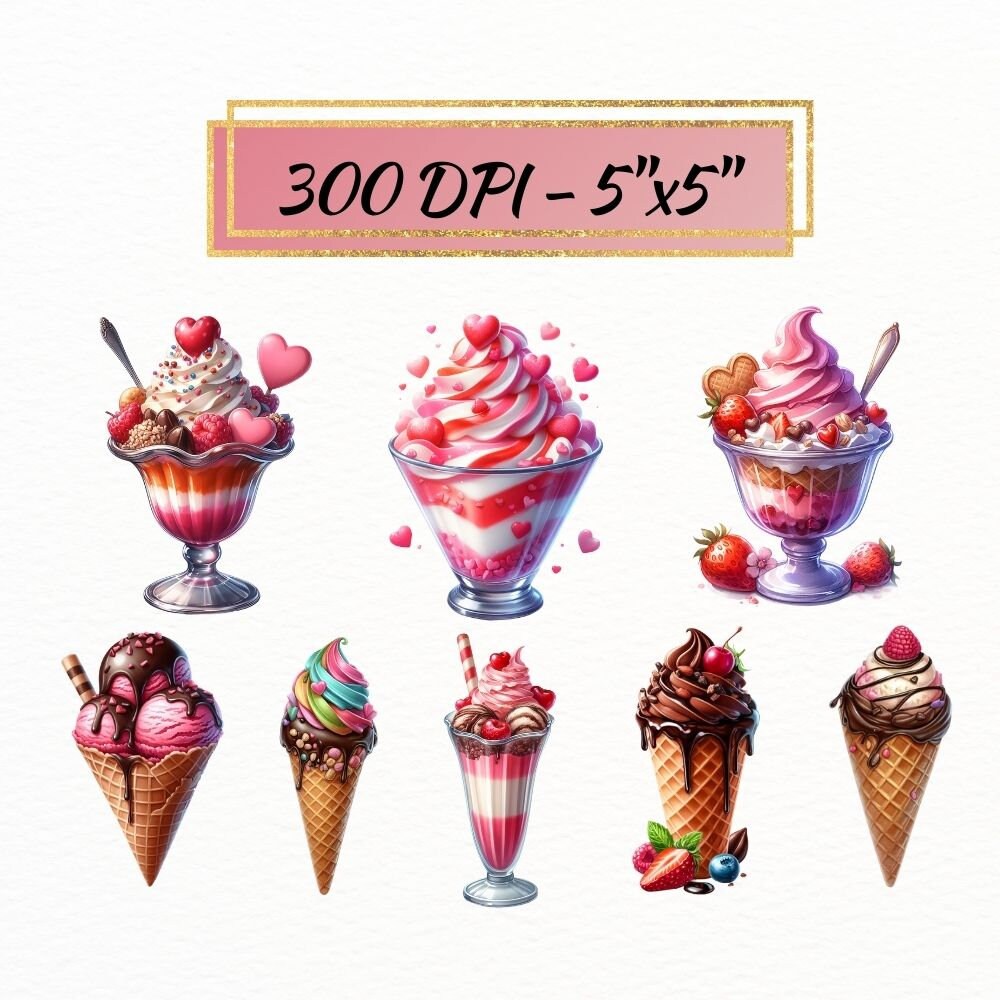 Watercolor Valentines Day Ice Cream Clipart, 25 PNG Ice Cream for ...