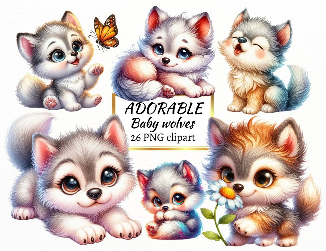 Watercolor Woodland Cute Baby Wolf Clipart, White Wolves PNG Bundle ...