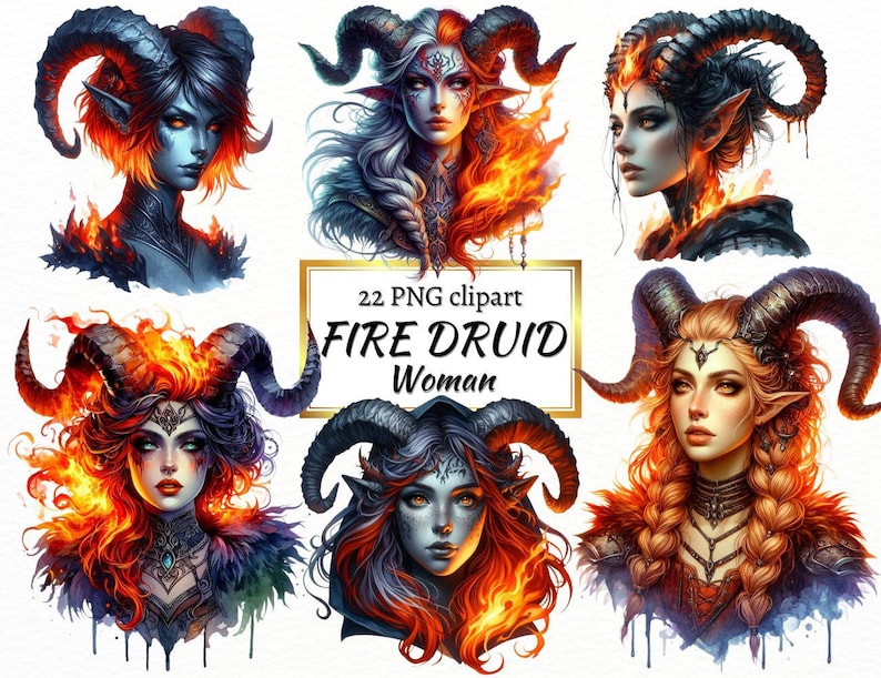 Fire Druid Woman Clipart: Watercolor Sorceress PNG (digital Download ...